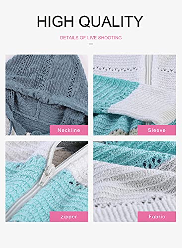 Acelitt Womens Casual Lightweight Long Sleeve Zip up Zipper Striped Knit Sweaters Hoodies Sweatshirts Pullover Jackets Large Sky Blue