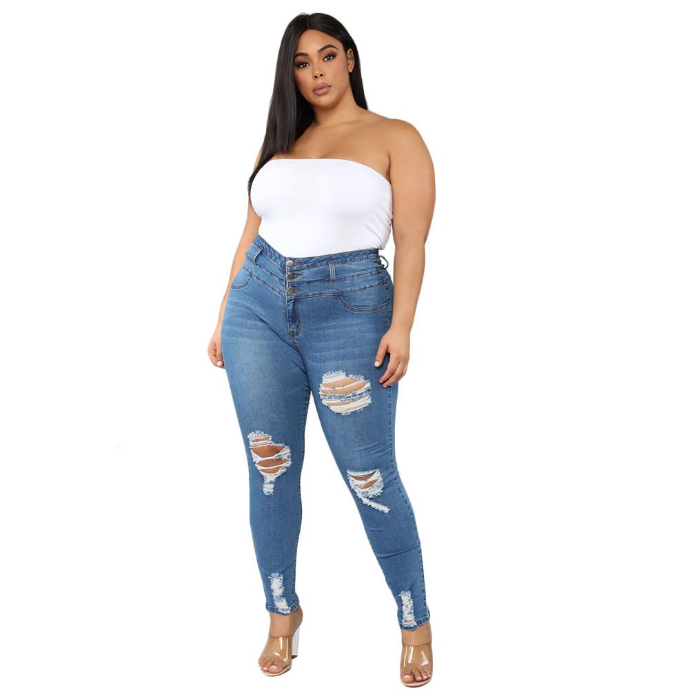 ALLABREVE Women's Plus Size Stretch Skinny Ripped Jeans, 3 Button Hight Rise Slim Fit Washed Denim Jegging, Girlfriend Distressed Tight Jean Pants (Dark Blue, 2XL)