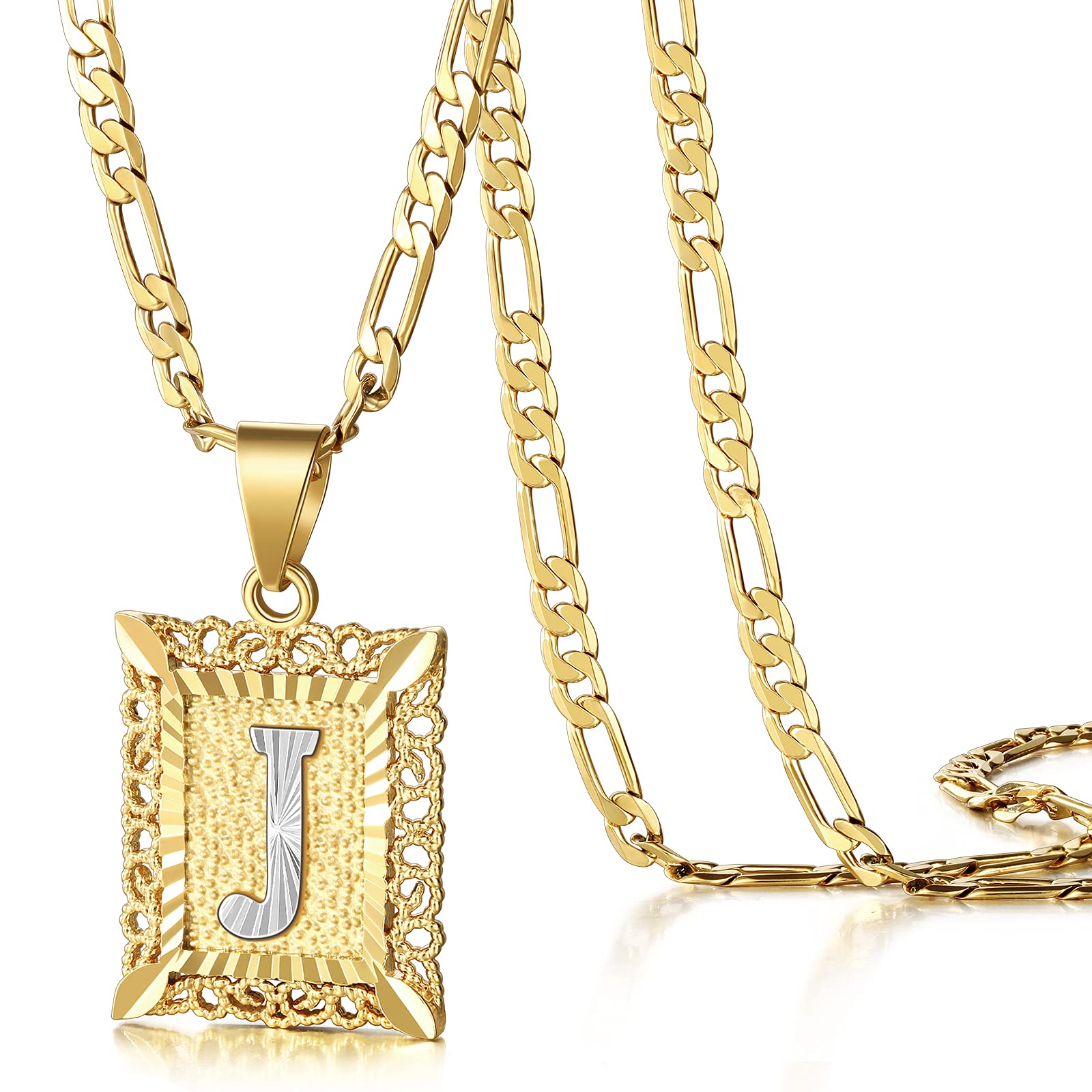 KissYan Initial Letter Pendant Necklace for Mens Womens, 14K Gold Plated Square Capital Monogram Necklaces Alhpabets from A-Z Figaro Chain Jewelry Gift(Hollow White Letter J)