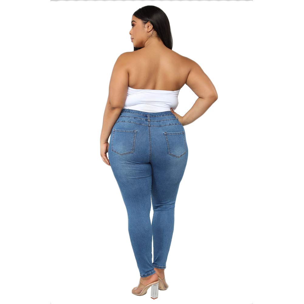 ALLABREVE Women's Plus Size Stretch Skinny Ripped Jeans, 3 Button Hight Rise Slim Fit Washed Denim Jegging, Girlfriend Distressed Tight Jean Pants (Dark Blue, 2XL)