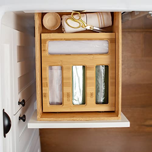 HappyHome Storage Bag Organizer for Kitchen Drawer - Sturdy & Stylish Bamboo Baggie Organizer - Fits Any Brand Gallon, Slider Quart, Sandwich & Snack - Plastic Bag Organizer with Wall Mount Hardware