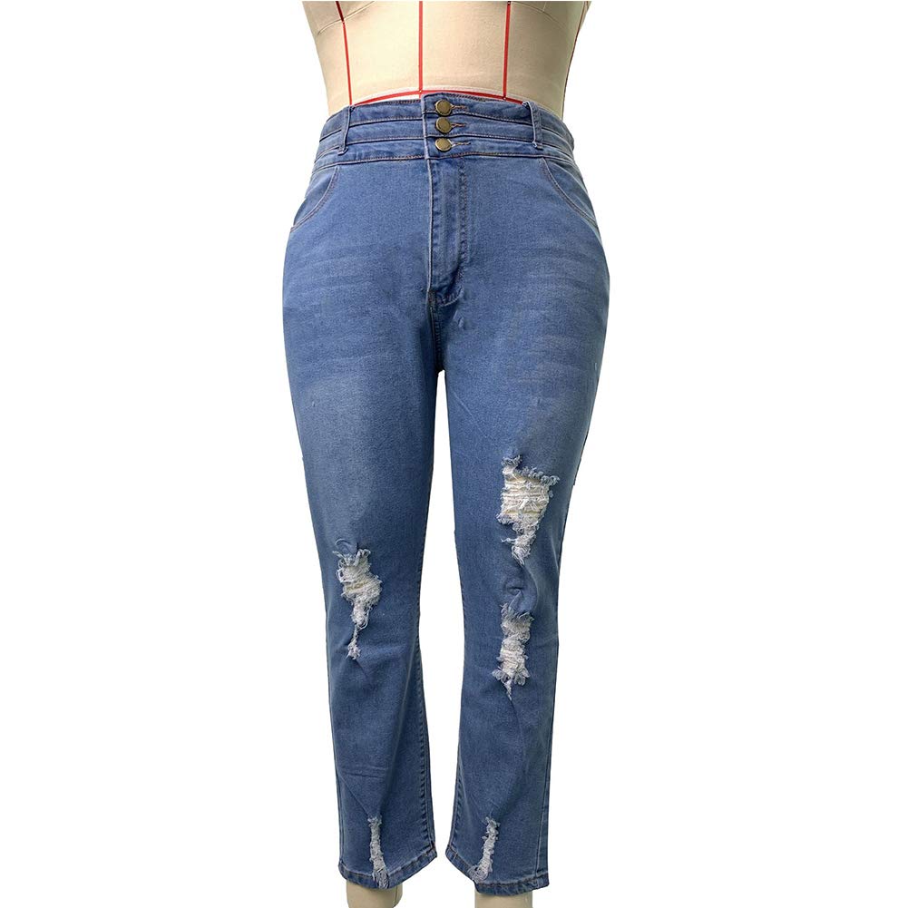 ALLABREVE Women's Plus Size Stretch Skinny Ripped Jeans, 3 Button Hight Rise Slim Fit Washed Denim Jegging, Girlfriend Distressed Tight Jean Pants (Dark Blue, 2XL)