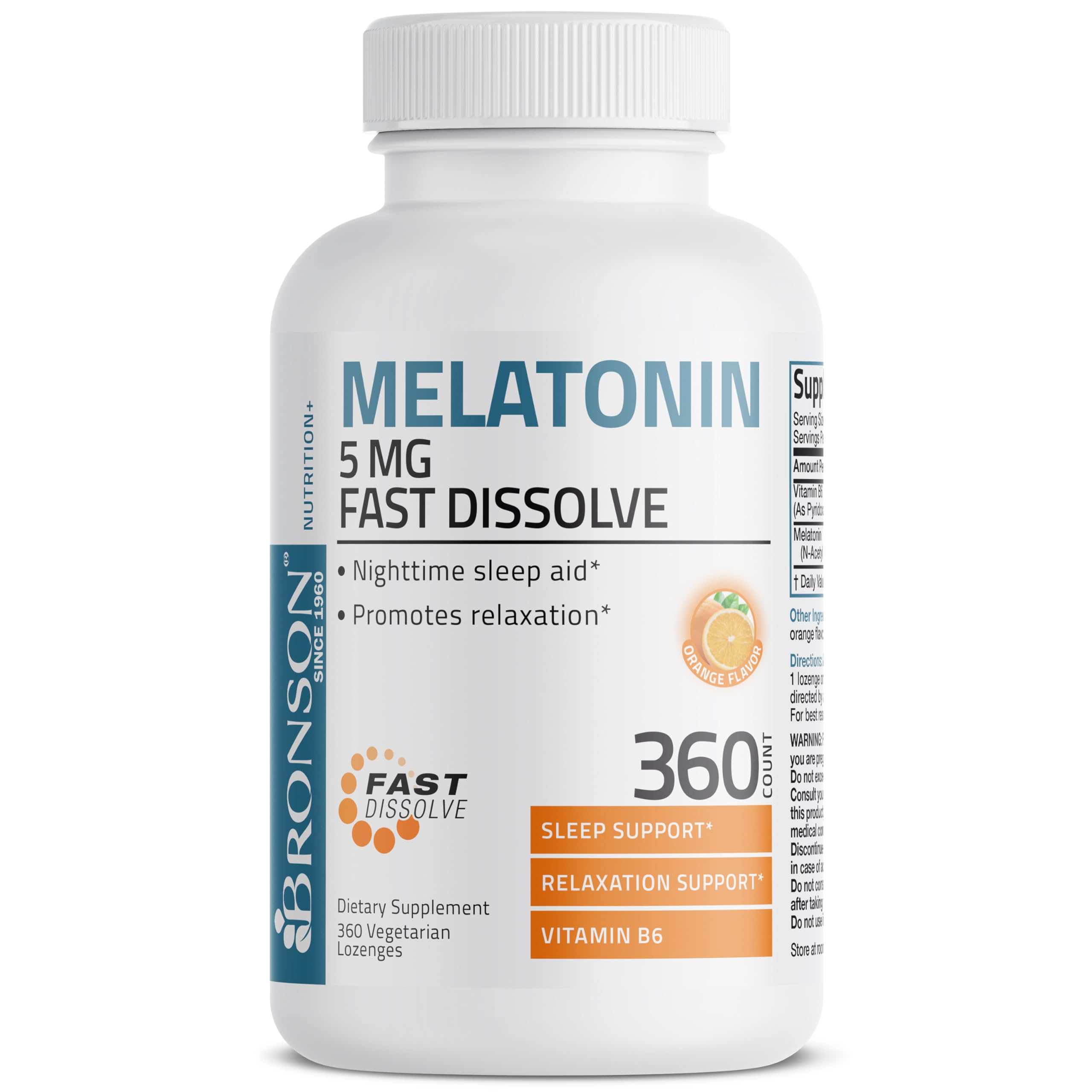 Bronson Melatonin 5mg Fast Dissolve Orange Flavor Tablets with Vitamin B6 - Promotes Relaxation, 360 Vegetarian Chewable Lozenges
