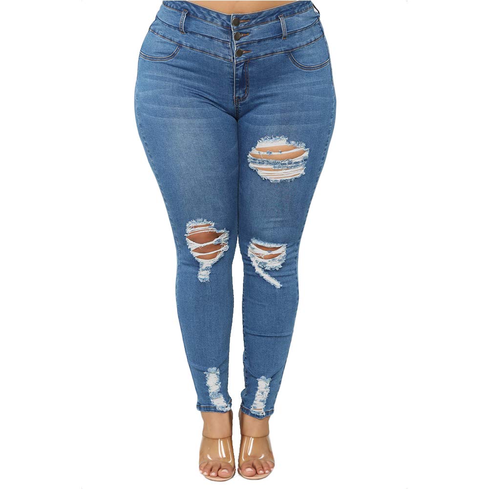 ALLABREVE Women's Plus Size Stretch Skinny Ripped Jeans, 3 Button Hight Rise Slim Fit Washed Denim Jegging, Girlfriend Distressed Tight Jean Pants (Dark Blue, 2XL)