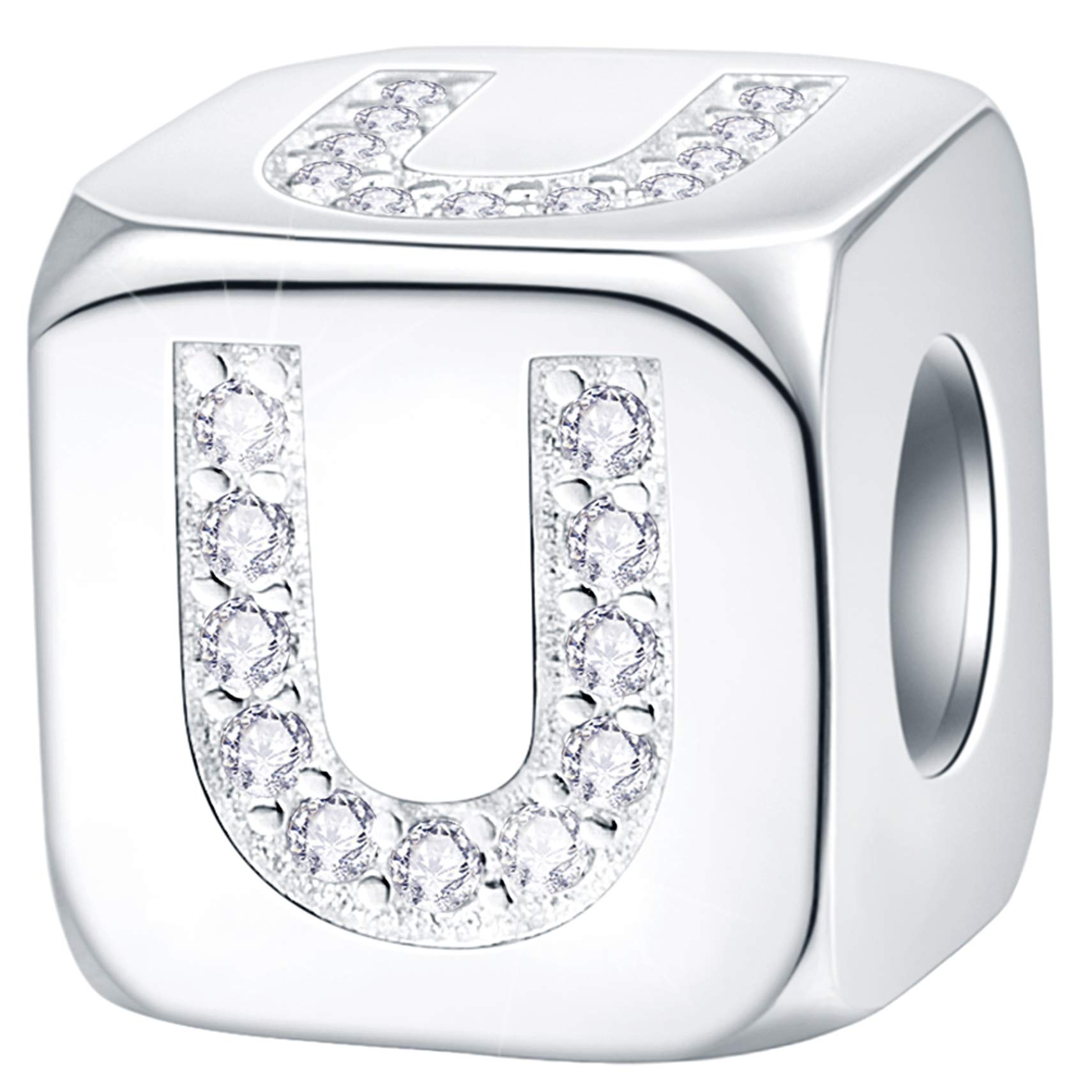 Letter U Dice-Shaped Charm Initial A-Z Alphabet Beads, 925 Sterling Silver Square Cube Charms with CZ fits Pandora Style Bracelet, Gifts for Mothers Day/Uncle/Valentines