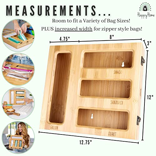 HappyHome Storage Bag Organizer for Kitchen Drawer - Sturdy & Stylish Bamboo Baggie Organizer - Fits Any Brand Gallon, Slider Quart, Sandwich & Snack - Plastic Bag Organizer with Wall Mount Hardware