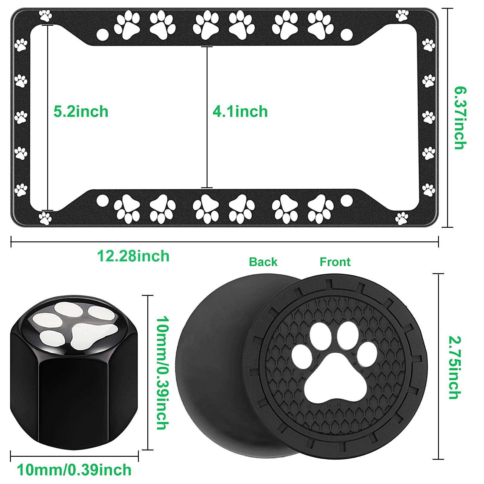 2 Pieces Dog Paw Print License Plate Frames Cat Frames License Plate Cover Aluminum Alloy Covers with 4 Valve Stem Caps and 2 Paw Mat