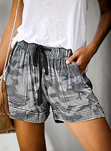 KINGFEN Shorts for Women Womens Casual Stretch Beach Comfy Linen Camo Shorts with Pockets Summer Elastic Waist Pull On Drawstring Pull On Lounge Short Camouflage Print Medium