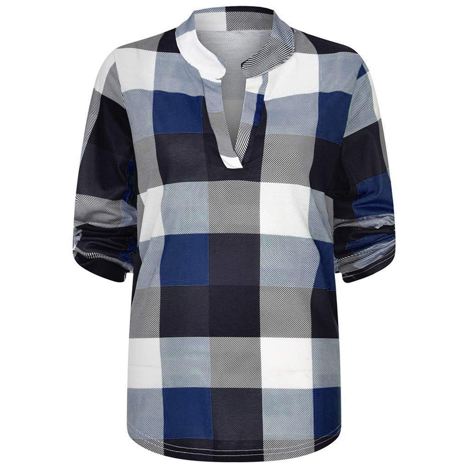 Women Roll Up Long Sleeve Flannel Plaid Shirt Pullover V Neck Slim Tops Casual Loose Boyfriend Tunic T Shirts Blouses