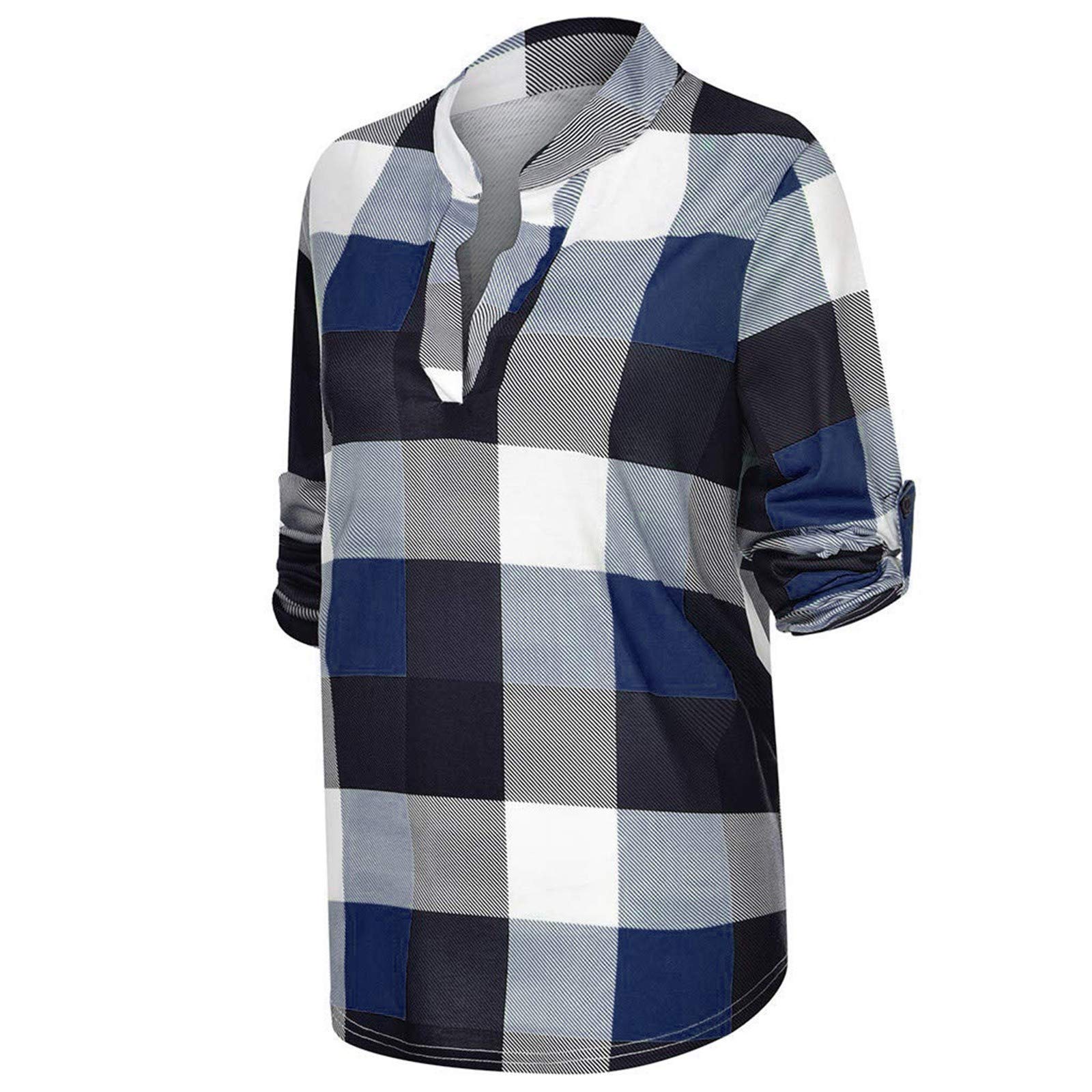 Women Roll Up Long Sleeve Flannel Plaid Shirt Pullover V Neck Slim Tops Casual Loose Boyfriend Tunic T Shirts Blouses