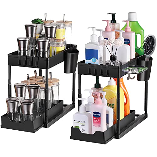 Eufrozy 2 Pack 2-Tier Under the Sink Organizer Bathroom, Sliding Under Cabinet Basket Organizer Adjustable Height Under Sink Storage for Kitchen Shelf Multi-Purpose Rack Drawer with 8 Hook 2 Cup