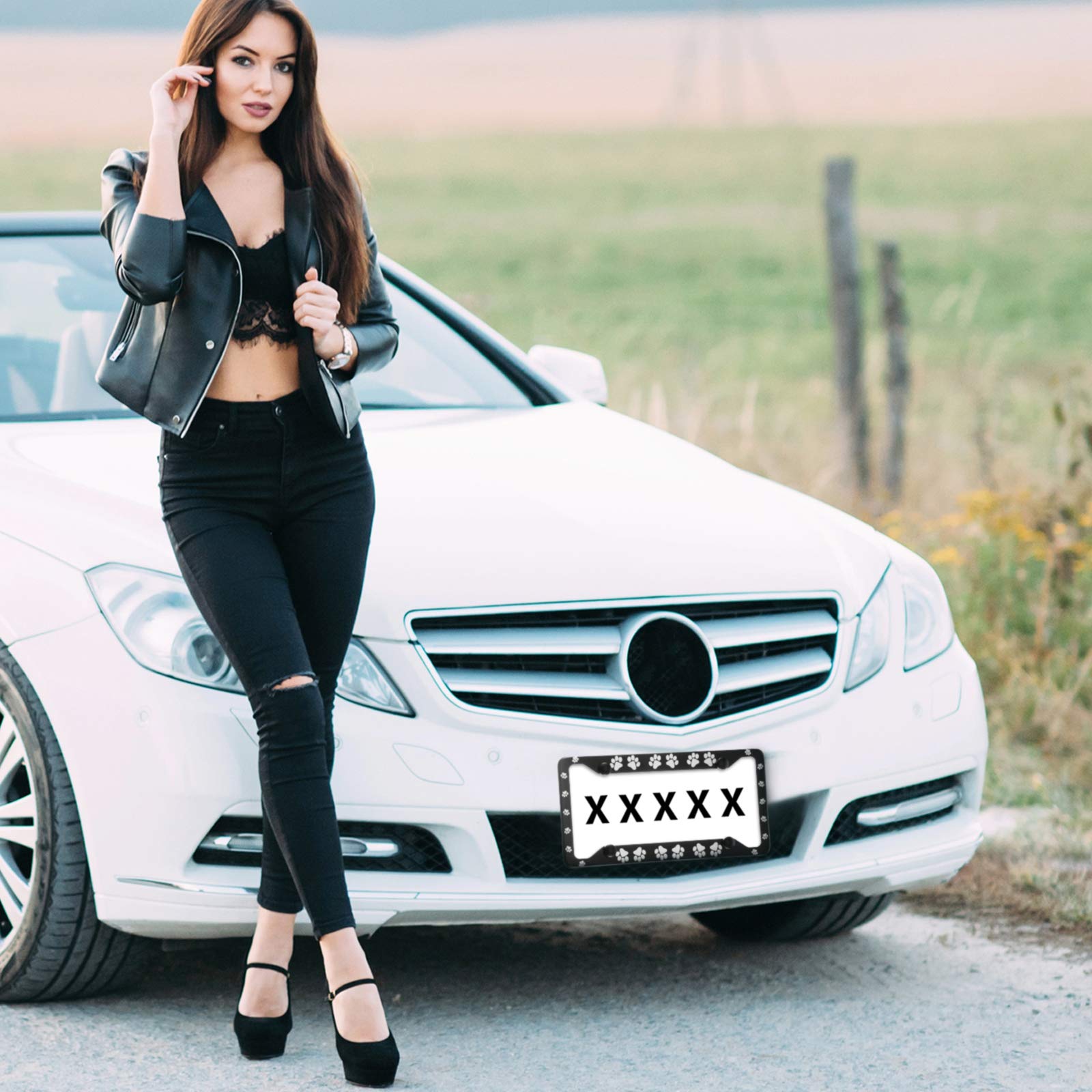 2 Pieces Dog Paw Print License Plate Frames Cat Frames License Plate Cover Aluminum Alloy Covers with 4 Valve Stem Caps and 2 Paw Mat