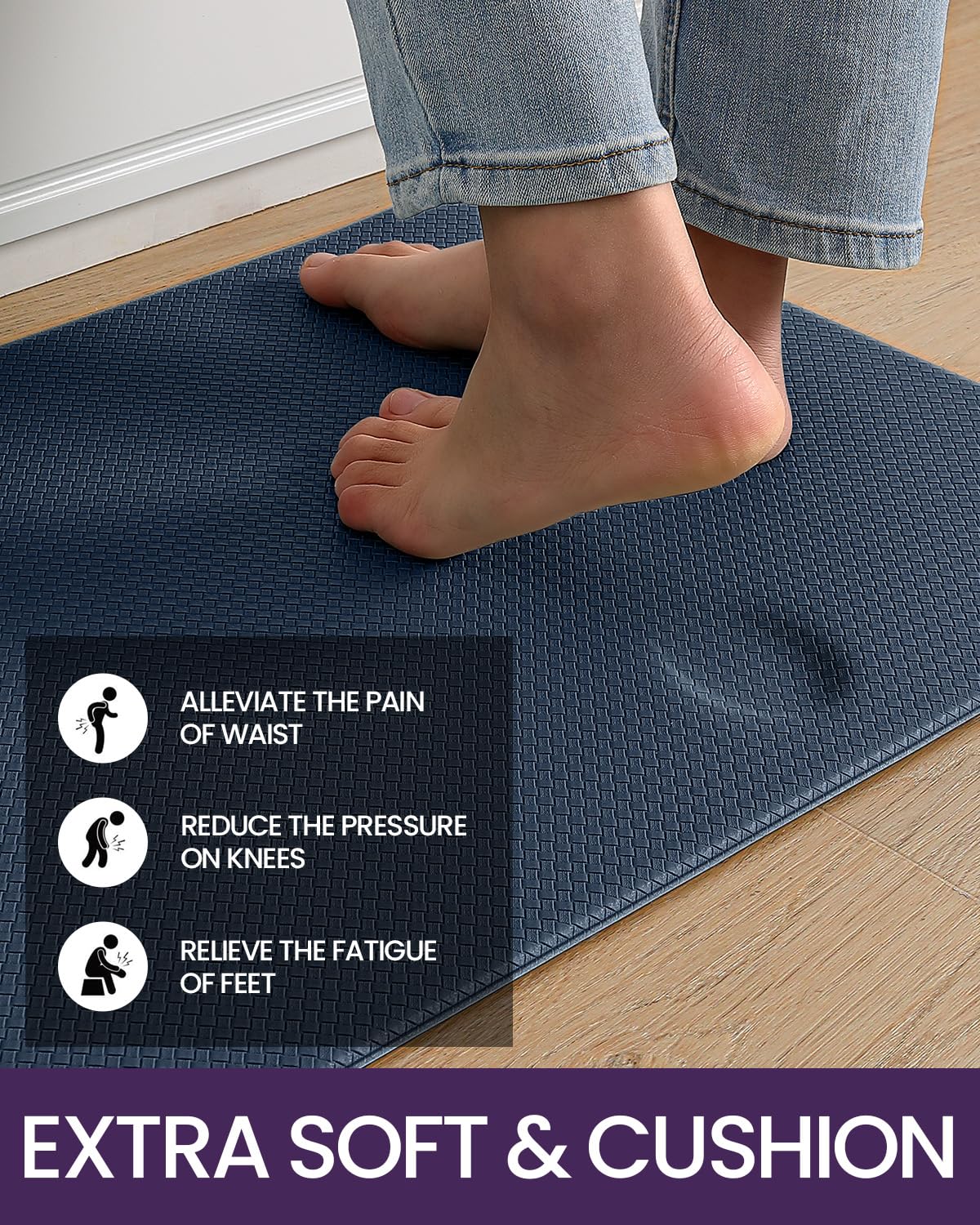 DEXI Kitchen Floor Mats Cushioned Anti Fatigue,17x29+17x59, Standing Runner Rug Waterproof, Comfort Memory Foam Padded for Front Sink Laundry Set of 2, Navy