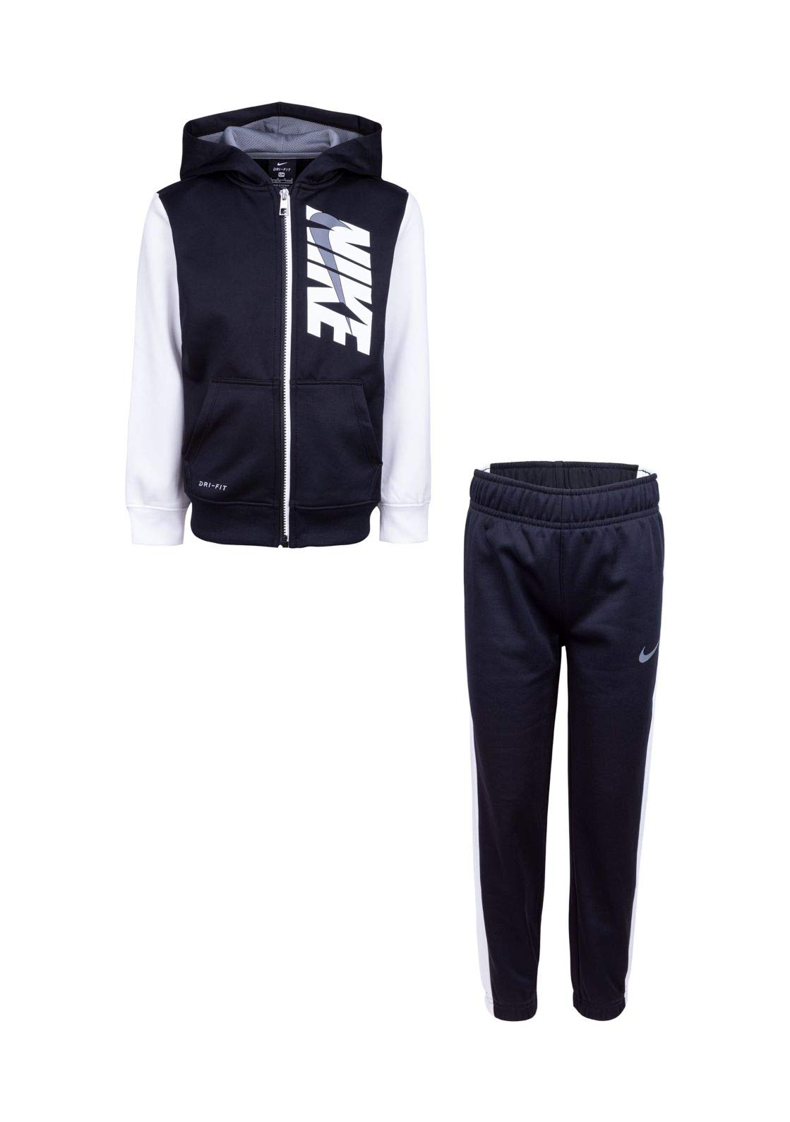 Nike Boy`s Dry Fit Therma Zip Hoodie & Sweatpants 2 Piece Set (White(86G933-W1X)/Black, 2T Toddler)
