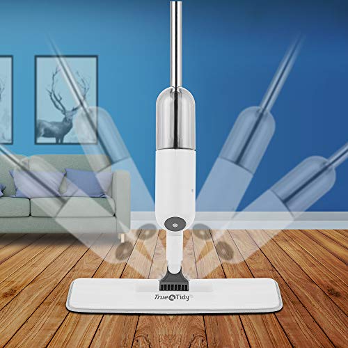 True & Tidy® SPRAY-250 Multi-Surface Spray Mop with Refillable Water Bottle for Floor Cleaning, Works on Wood, Tile, Marble etc, Use Any Cleaning Solution, Machine Washable Microfiber Mop Pads, White