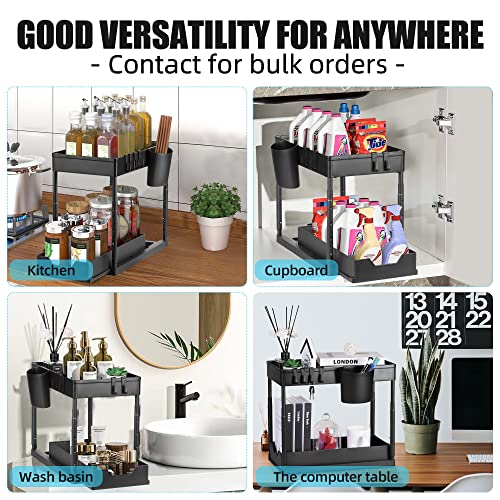 Eufrozy 2 Pack 2-Tier Under the Sink Organizer Bathroom, Sliding Under Cabinet Basket Organizer Adjustable Height Under Sink Storage for Kitchen Shelf Multi-Purpose Rack Drawer with 8 Hook 2 Cup