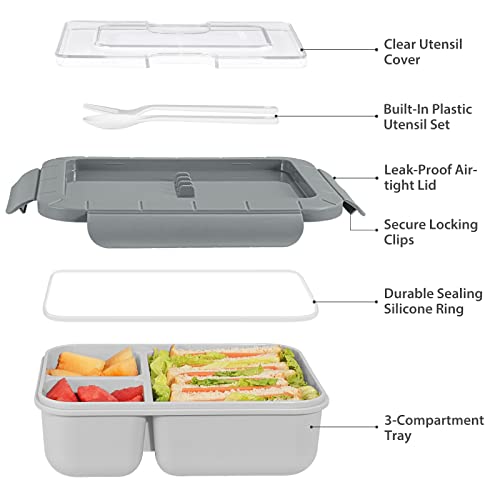 Caperci Premium Bento Box Adult Lunch Box for Older Kids - Leakproof 44 oz 3-Compartment Lunch Containers for Adults and Teens, Ergonomic Design, Built-in Utensil Set & BPA Free (Grey)