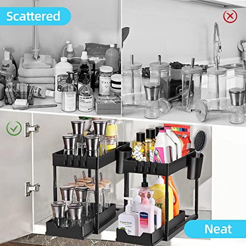 Eufrozy 2 Pack 2-Tier Under the Sink Organizer Bathroom, Sliding Under Cabinet Basket Organizer Adjustable Height Under Sink Storage for Kitchen Shelf Multi-Purpose Rack Drawer with 8 Hook 2 Cup