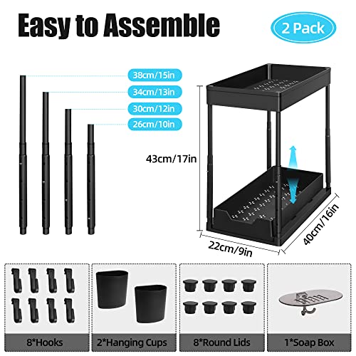 Eufrozy 2 Pack 2-Tier Under the Sink Organizer Bathroom, Sliding Under Cabinet Basket Organizer Adjustable Height Under Sink Storage for Kitchen Shelf Multi-Purpose Rack Drawer with 8 Hook 2 Cup