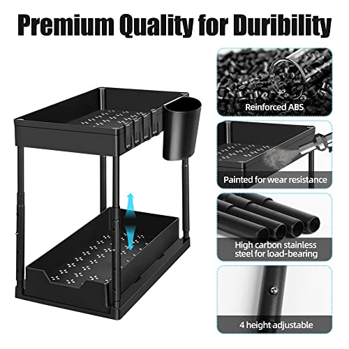 Eufrozy 2 Pack 2-Tier Under the Sink Organizer Bathroom, Sliding Under Cabinet Basket Organizer Adjustable Height Under Sink Storage for Kitchen Shelf Multi-Purpose Rack Drawer with 8 Hook 2 Cup