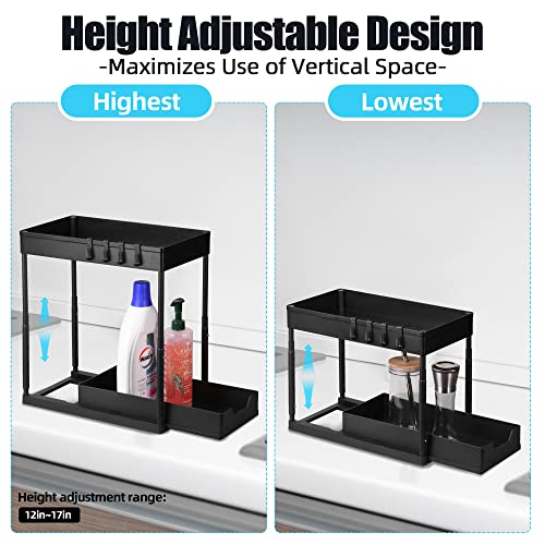 Eufrozy 2 Pack 2-Tier Under the Sink Organizer Bathroom, Sliding Under Cabinet Basket Organizer Adjustable Height Under Sink Storage for Kitchen Shelf Multi-Purpose Rack Drawer with 8 Hook 2 Cup