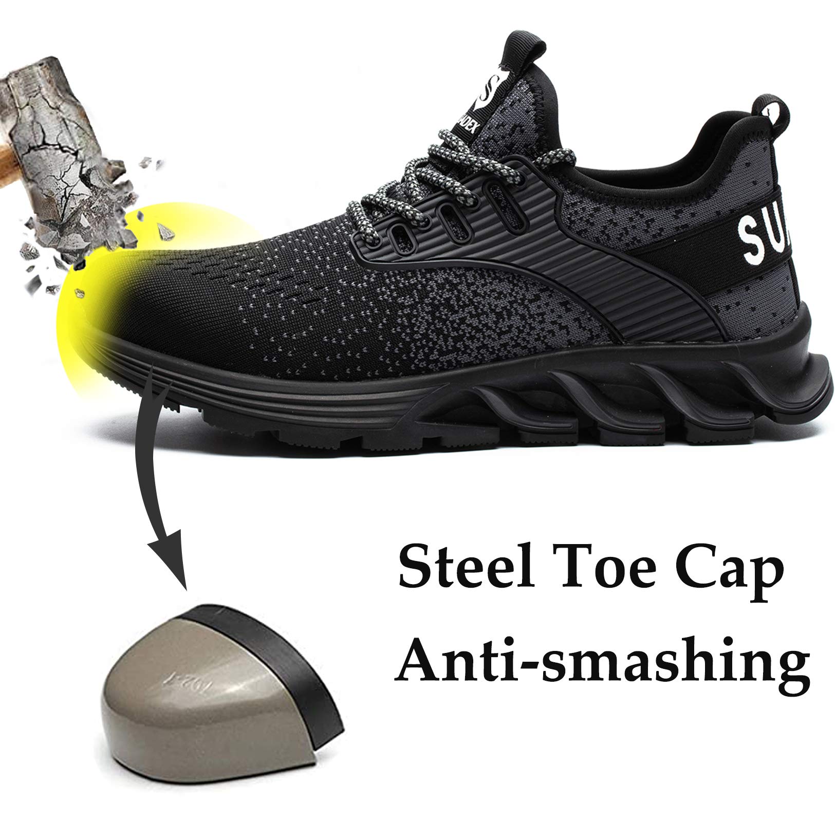 SUADEX Steel Toe Sneakers for Men Women Indestructible Work Safety Shoes Lightweight Comfortable Slip Resistant Composite Toe Black