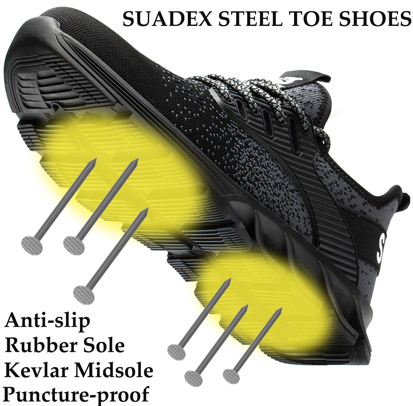 SUADEX Steel Toe Sneakers for Men Women Indestructible Work Safety Shoes Lightweight Comfortable Slip Resistant Composite Toe Black