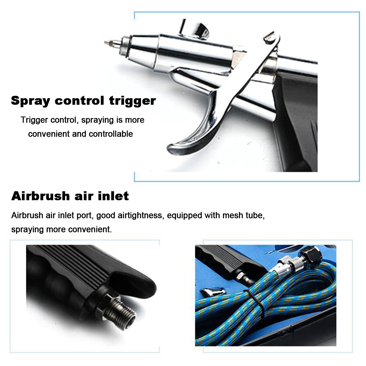 RJ-Global Double Action Airbrush Kit, Trigger Air Brush Spray Gun with 0.3, 0.2, 0.5mm Needles, 3 Sets Nozzles, Air Cap, 2cc/5cc/13cc Paint Cup, Air Hose, for Tattoo, Makeup, Nail, Model, Art Hobby