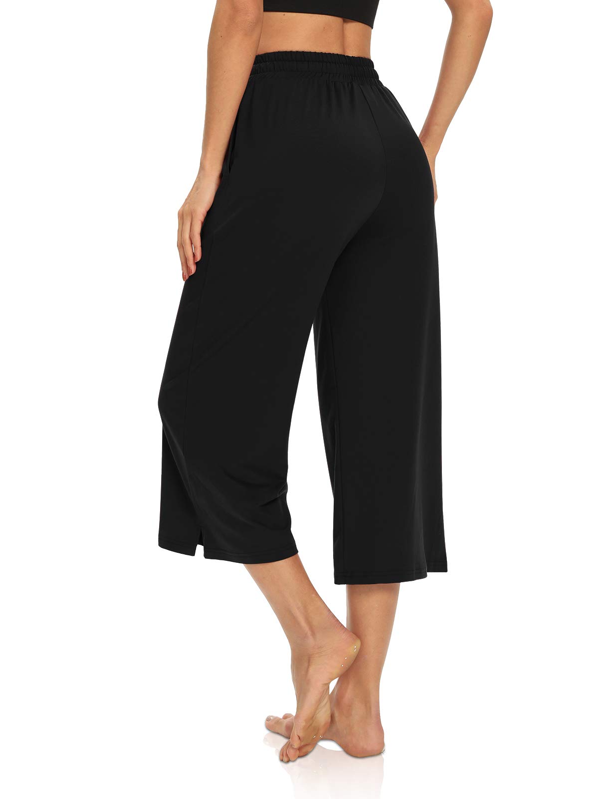 DIBAOLONG Womens Capri Pants Loose Yoga Pants Wide Leg Drawstring Comfy Lounge Pajama Capris Sweatpants with Pockets Black L