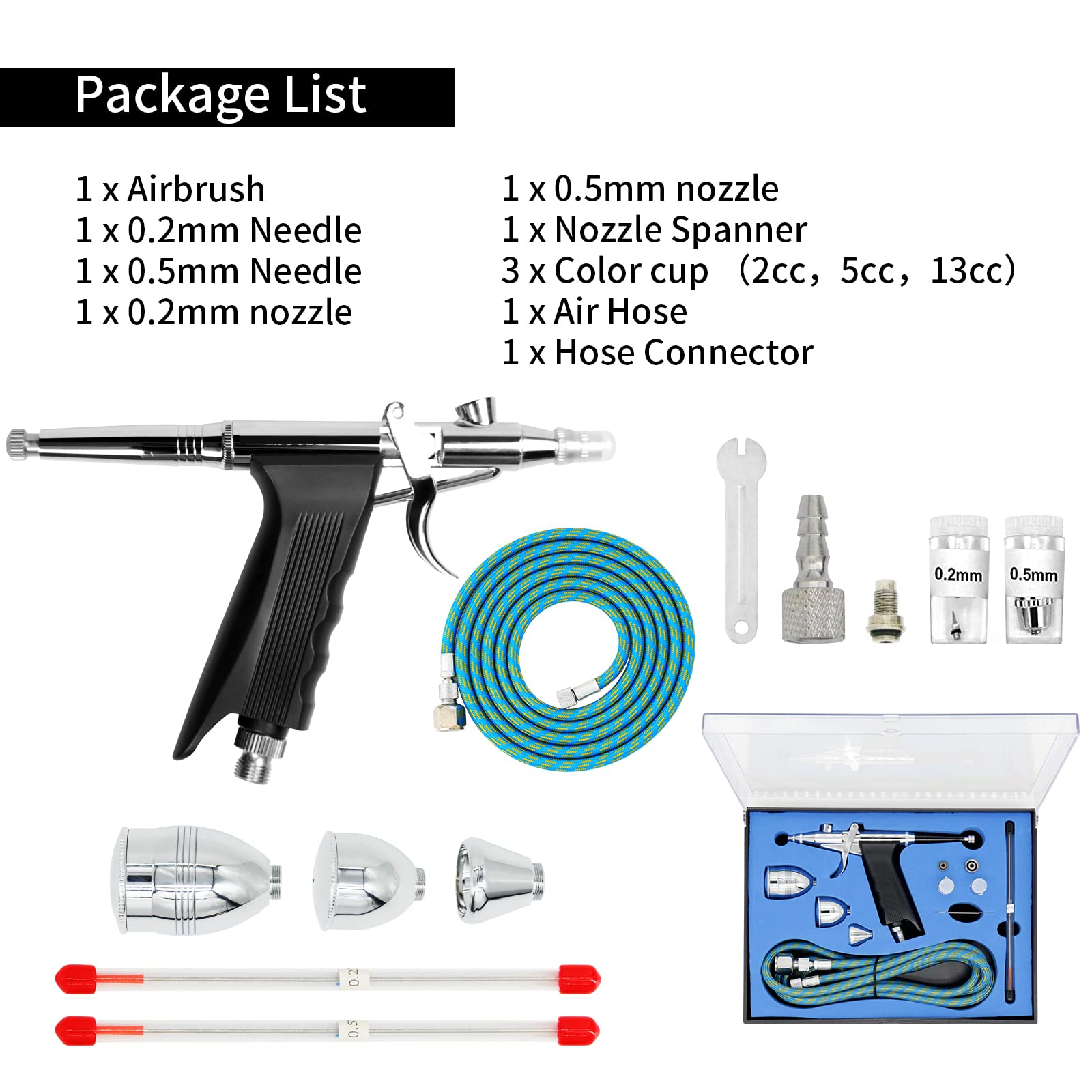 RJ-Global Double Action Airbrush Kit, Trigger Air Brush Spray Gun with 0.3, 0.2, 0.5mm Needles, 3 Sets Nozzles, Air Cap, 2cc/5cc/13cc Paint Cup, Air Hose, for Tattoo, Makeup, Nail, Model, Art Hobby