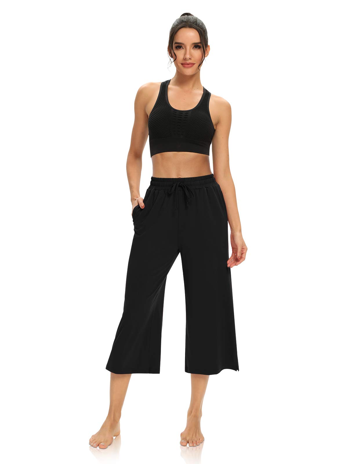 DIBAOLONG Womens Capri Pants Loose Yoga Pants Wide Leg Drawstring Comfy Lounge Pajama Capris Sweatpants with Pockets Black L