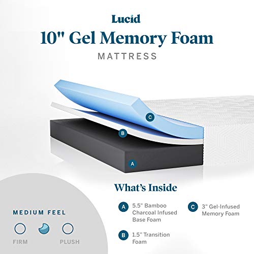 LUCID 10 Inch Medium Gel Memory Foam Mattress and LUCID L300 Adjustable Base (Full)