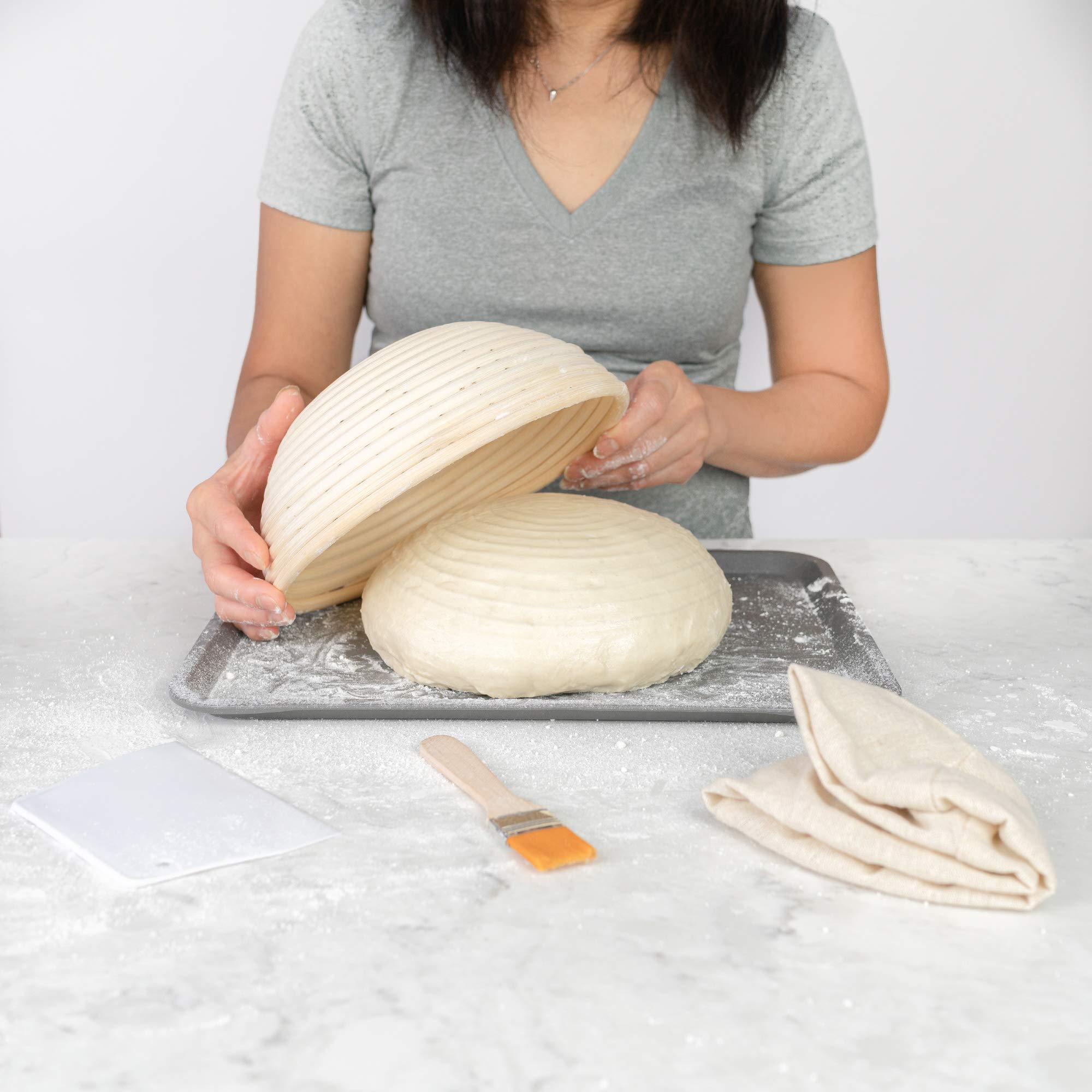 S/P | 9 Inch Bread Proofing Banneton Basket for Sourdough | Including 1×Dough Scraper, 1×Pastry Brush and 1×Cloth Lining | Yummy Artisan Bread Proofing Basket Set for Professionals and Home Bakers|