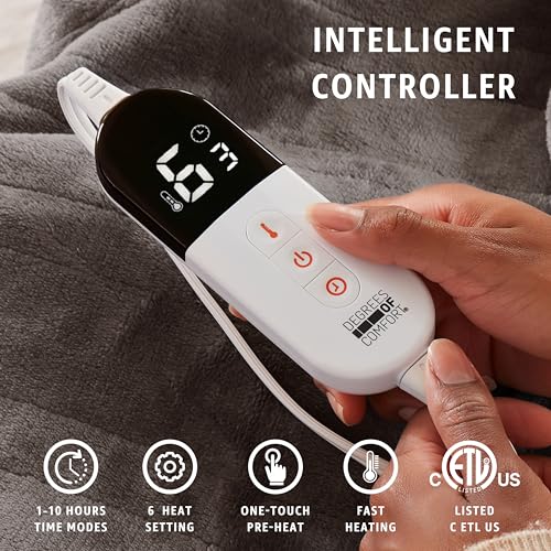 Degrees of Comfort California King Electric Blanket with Dual Controls, Large Fleece Heated Blanket for Bed,Auto Shut Off, Machine Washable -Grey, 100Wx94L