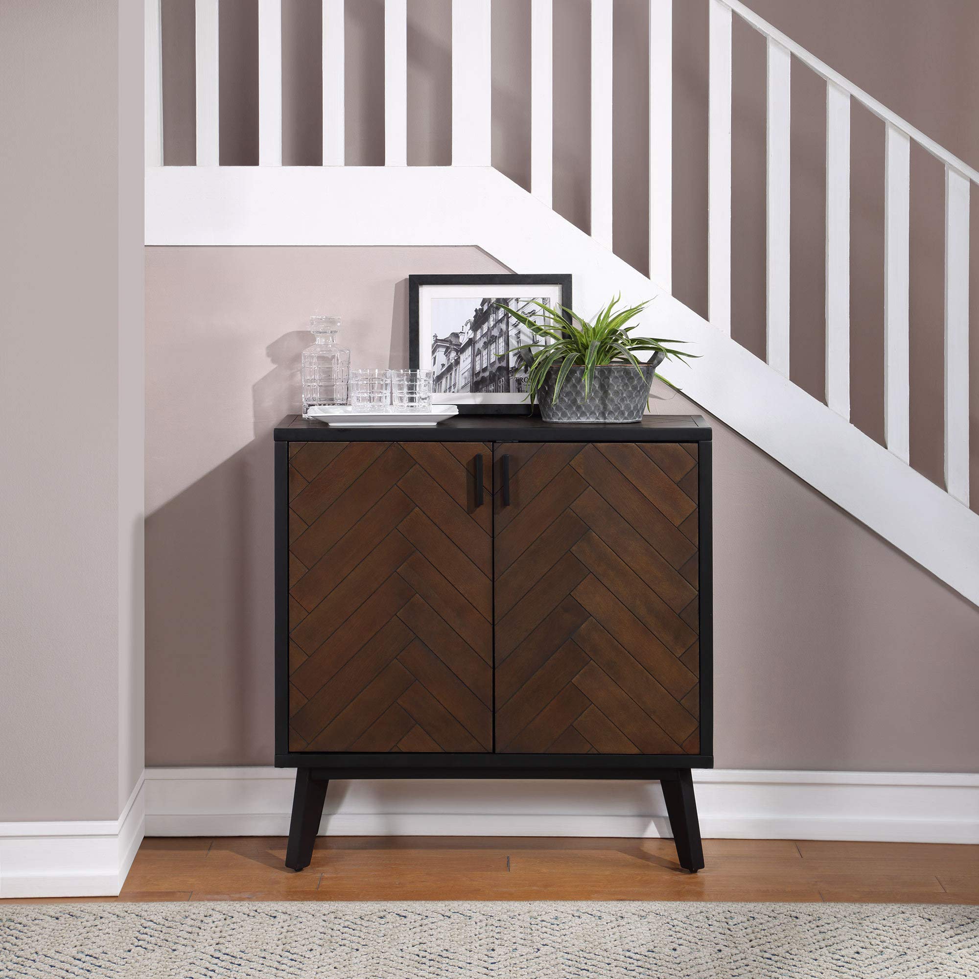 LALUZ Storage Cabinet, Multifunction Free Standing 2 Tier Cupboard with Double Door & Shelf for Living Room, Corridor, Brown