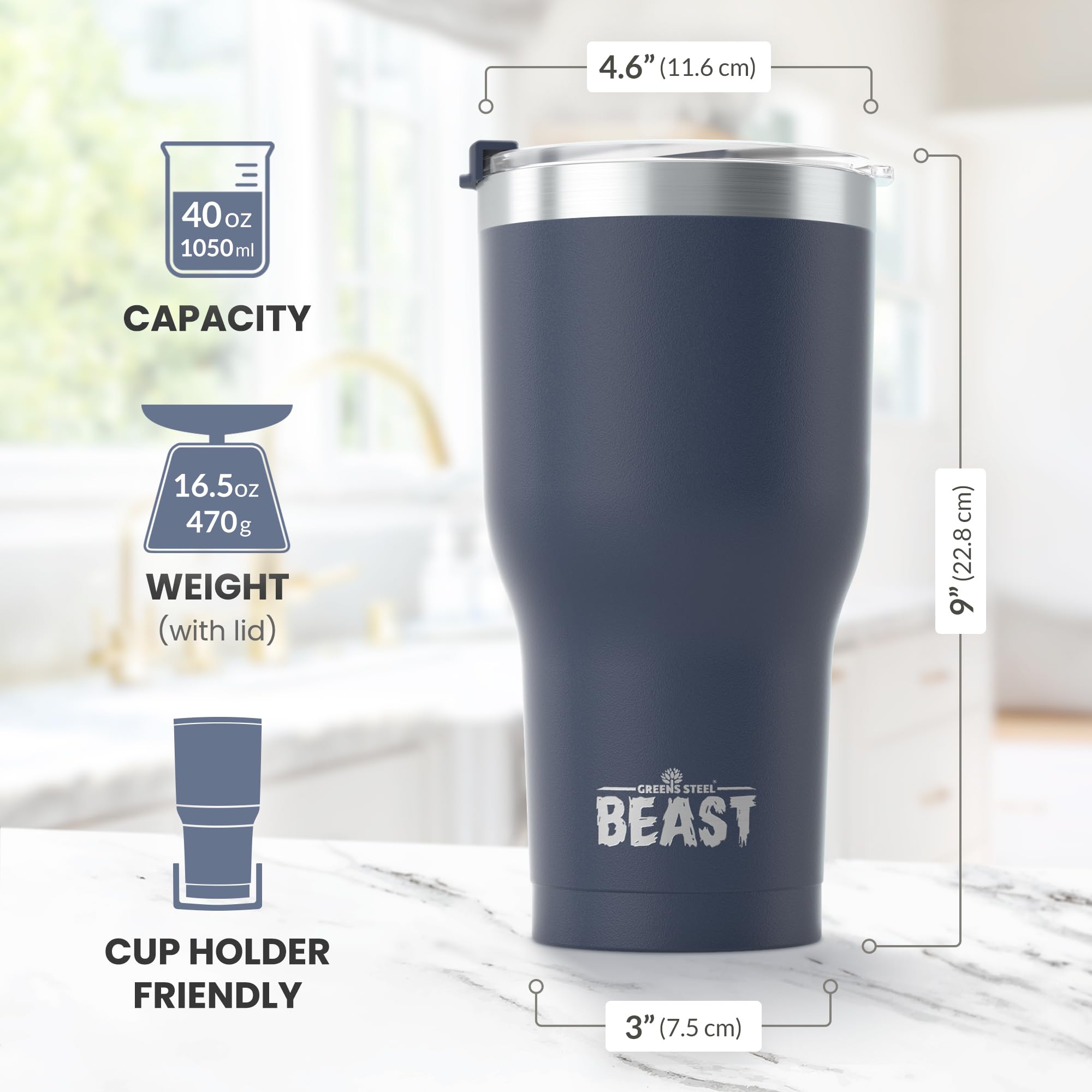 Beast 40 oz Tumbler Stainless Steel Vacuum Insulated Coffee Ice Cup Double Wall Travel Flask (Navy Blue)