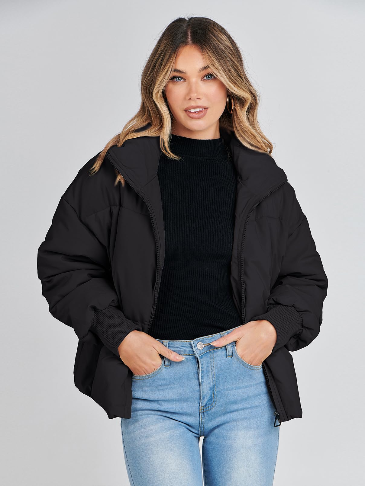 MEROKEETY Women's 2025 Winter Long Sleeve Zip Puffer Jacket Pockets Baggy Short Coats, Black, L