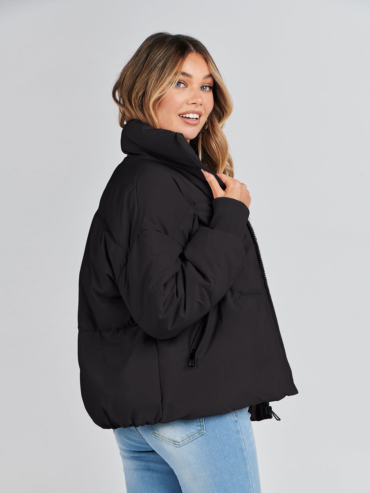 MEROKEETY Women's 2025 Winter Long Sleeve Zip Puffer Jacket Pockets Baggy Short Coats, Black, L