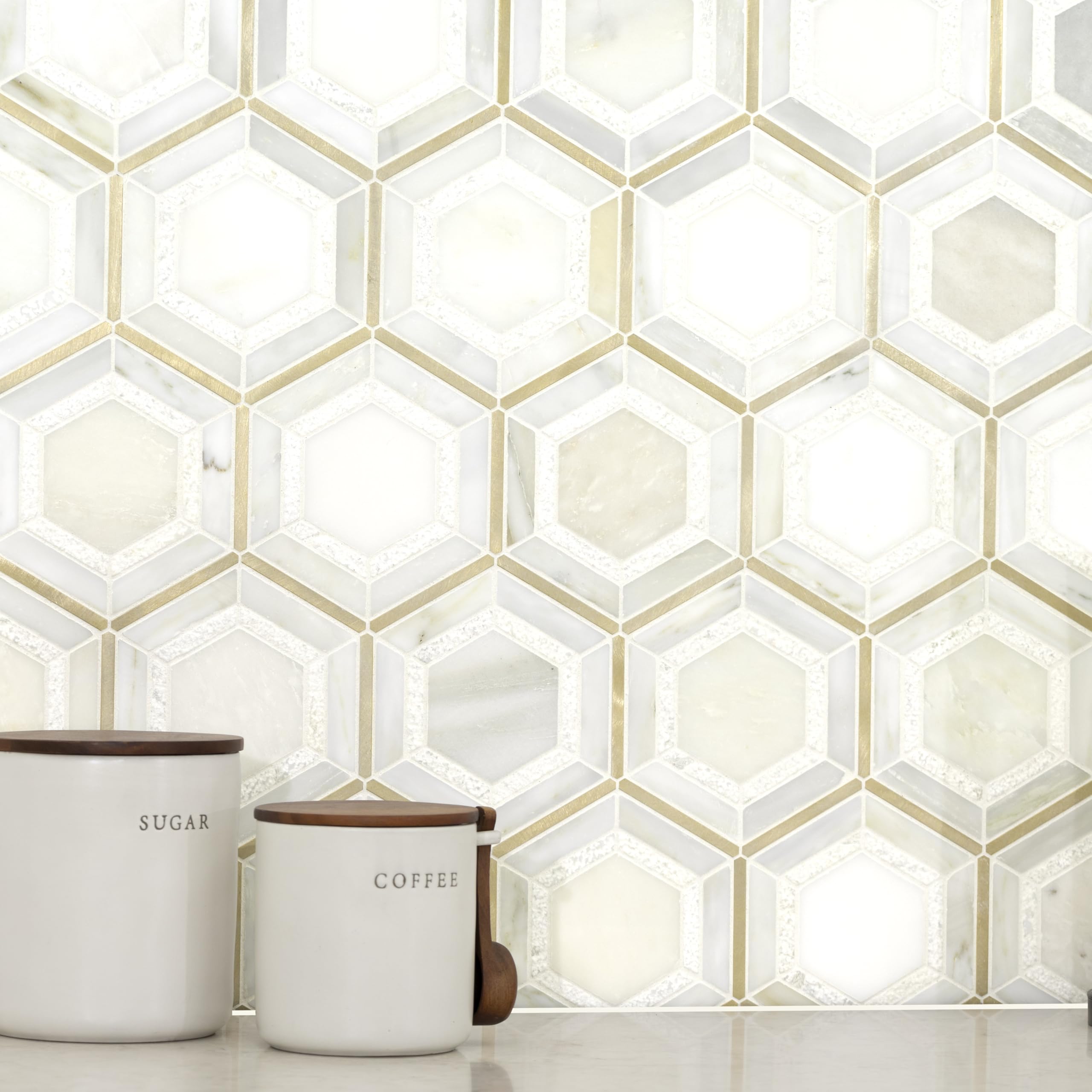 MSI Medici Gold Pattern 12.44 in. x 10.83 Marble Mesh-Mounted Mosaic Wall Bathroom, Floor, Kitchen Backsplash and Countertop Tile Geometric, Gray, White,