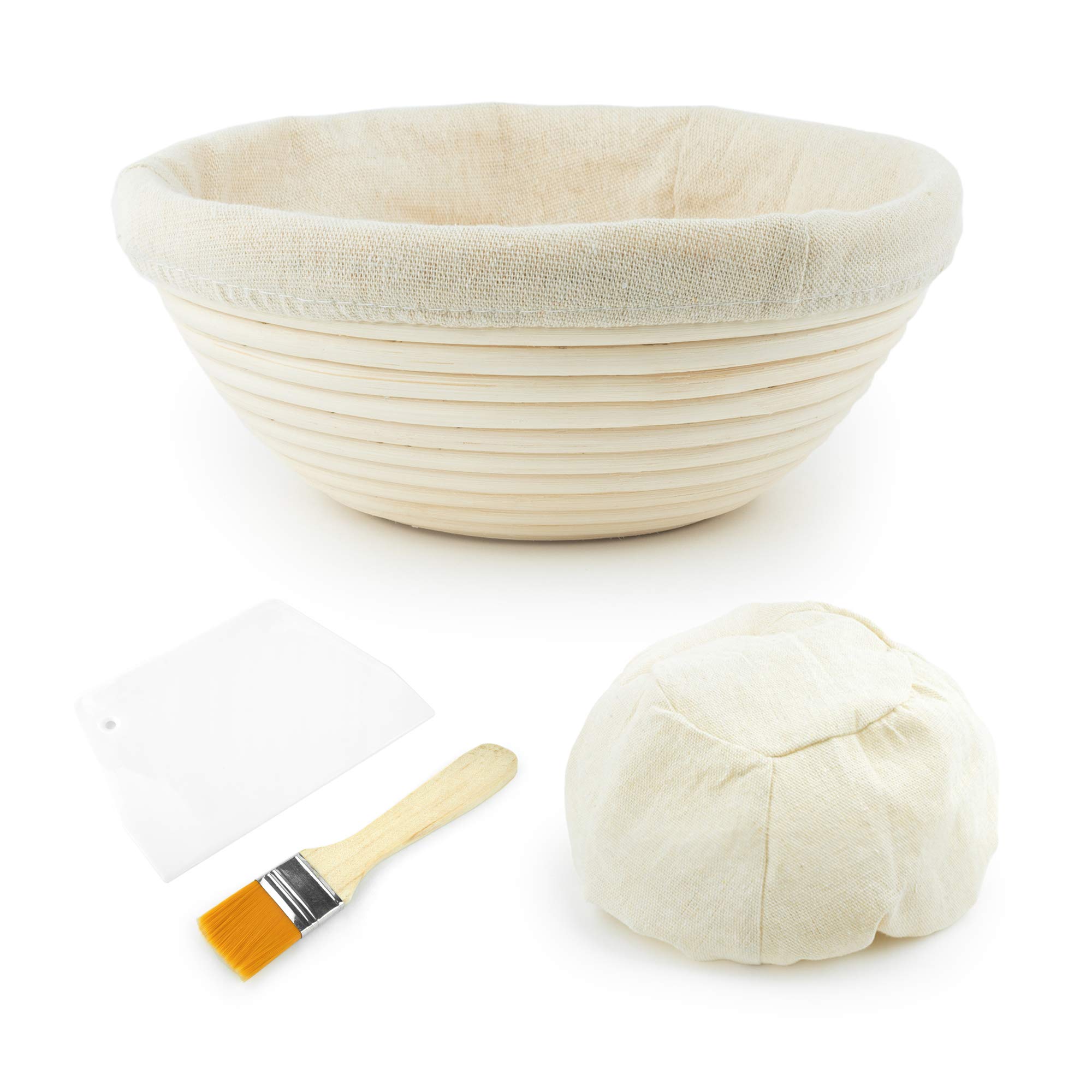 S/P | 9 Inch Bread Proofing Banneton Basket for Sourdough | Including 1×Dough Scraper, 1×Pastry Brush and 1×Cloth Lining | Yummy Artisan Bread Proofing Basket Set for Professionals and Home Bakers|