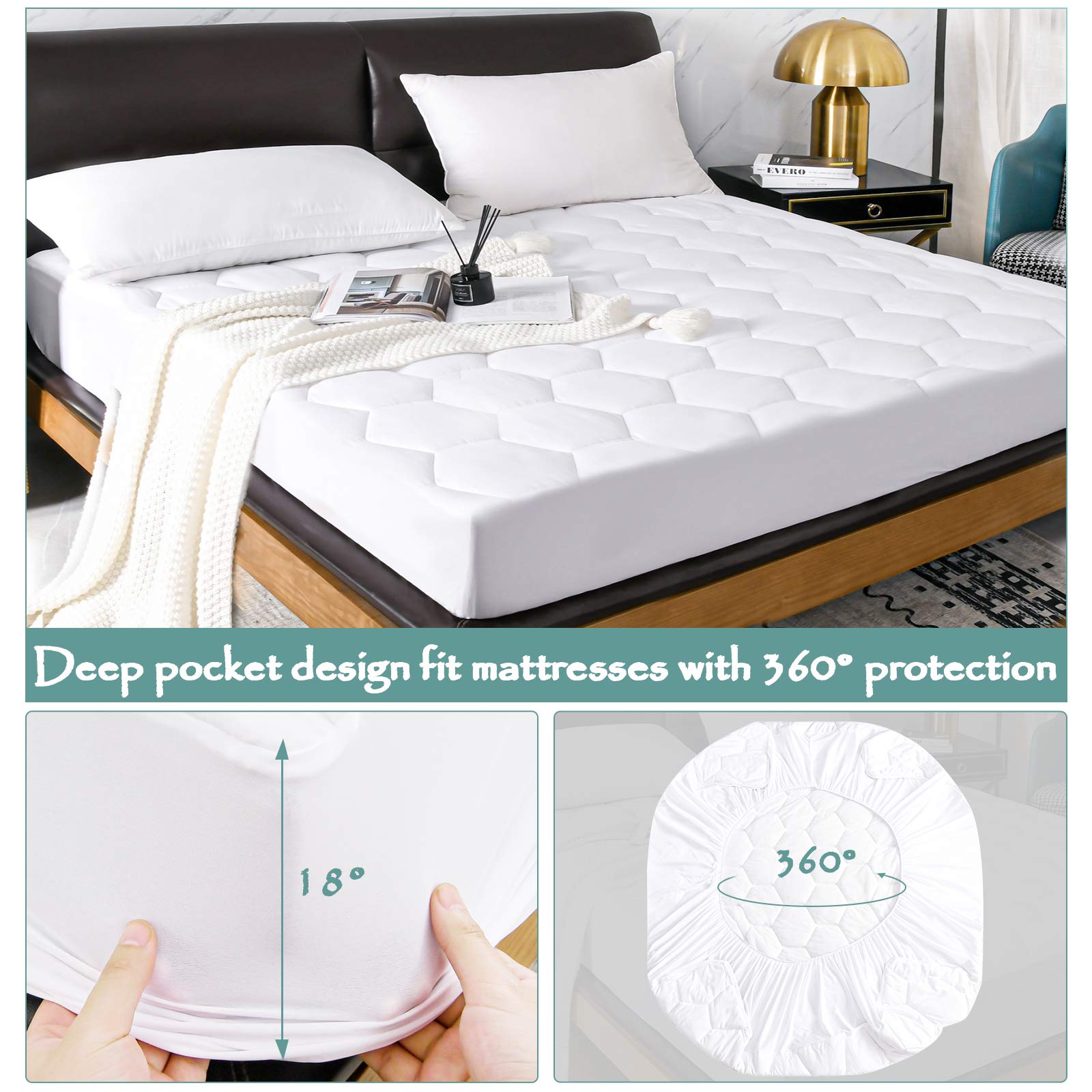 Queen Quilted Waterproof Mattress Pad Cover,Soft Mattress Pad Cover, Waterproof Mattress Protector Stretches up to 16” Deep Pocket-Hollow Alternative Filling-Cooling Mattress Topper