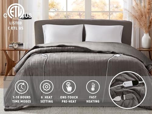 Degrees of Comfort California King Electric Blanket with Dual Controls, Large Fleece Heated Blanket for Bed,Auto Shut Off, Machine Washable -Grey, 100Wx94L