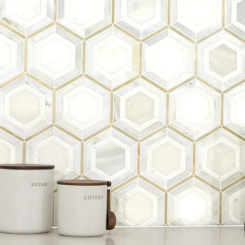MSI Medici Gold Pattern 12.44 in. x 10.83 Marble Mesh-Mounted Mosaic Wall Bathroom, Floor, Kitchen Backsplash and Countertop Tile Geometric, Gray, White,