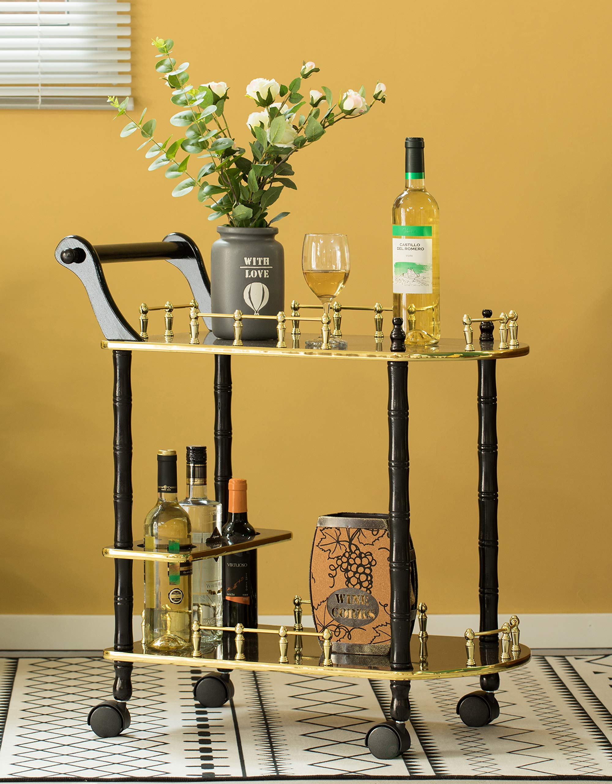 Serving Bar Cart Tea Trolley, 2 Tier Shelves on Rolling Wheels, Mobile Liquor Bar for Wine Beverage Drink Dinner Party, Utility Kitchen Storage Island Coffee Cabinet for Dining Living Room, Wood Brown