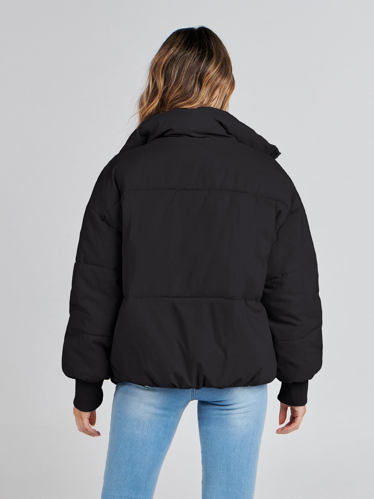 MEROKEETY Women's 2025 Winter Long Sleeve Zip Puffer Jacket Pockets Baggy Short Coats, Black, L