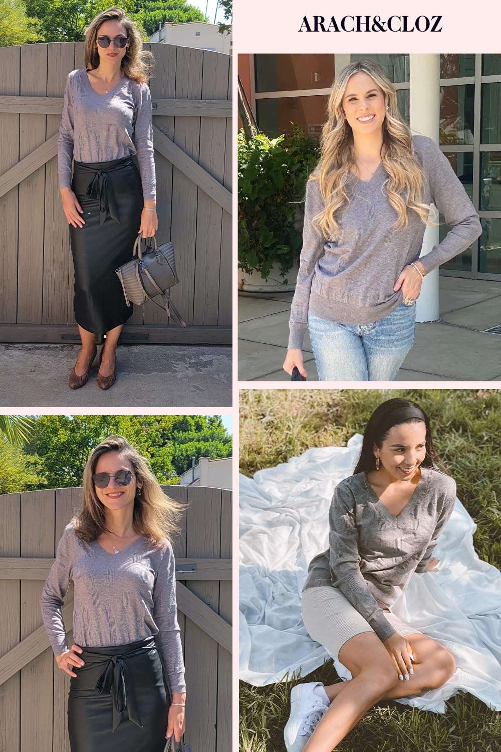 Arach&Cloz Women's Spring Top 2025 Fashion V Neck Sweater Long Sleeve Shirt Business Casual Outfit Trendy Knit Blouse Clothes Plus Size Pullover Grey M