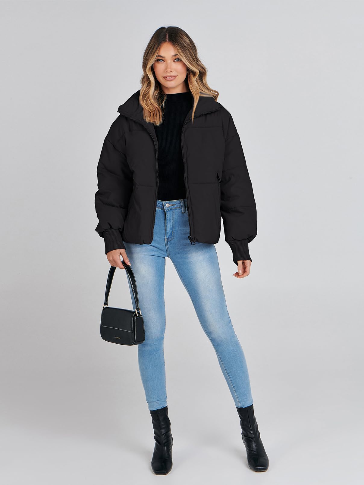 MEROKEETY Women's 2025 Winter Long Sleeve Zip Puffer Jacket Pockets Baggy Short Coats, Black, L