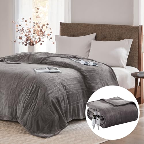 Degrees of Comfort California King Electric Blanket with Dual Controls, Large Fleece Heated Blanket for Bed,Auto Shut Off, Machine Washable -Grey, 100Wx94L