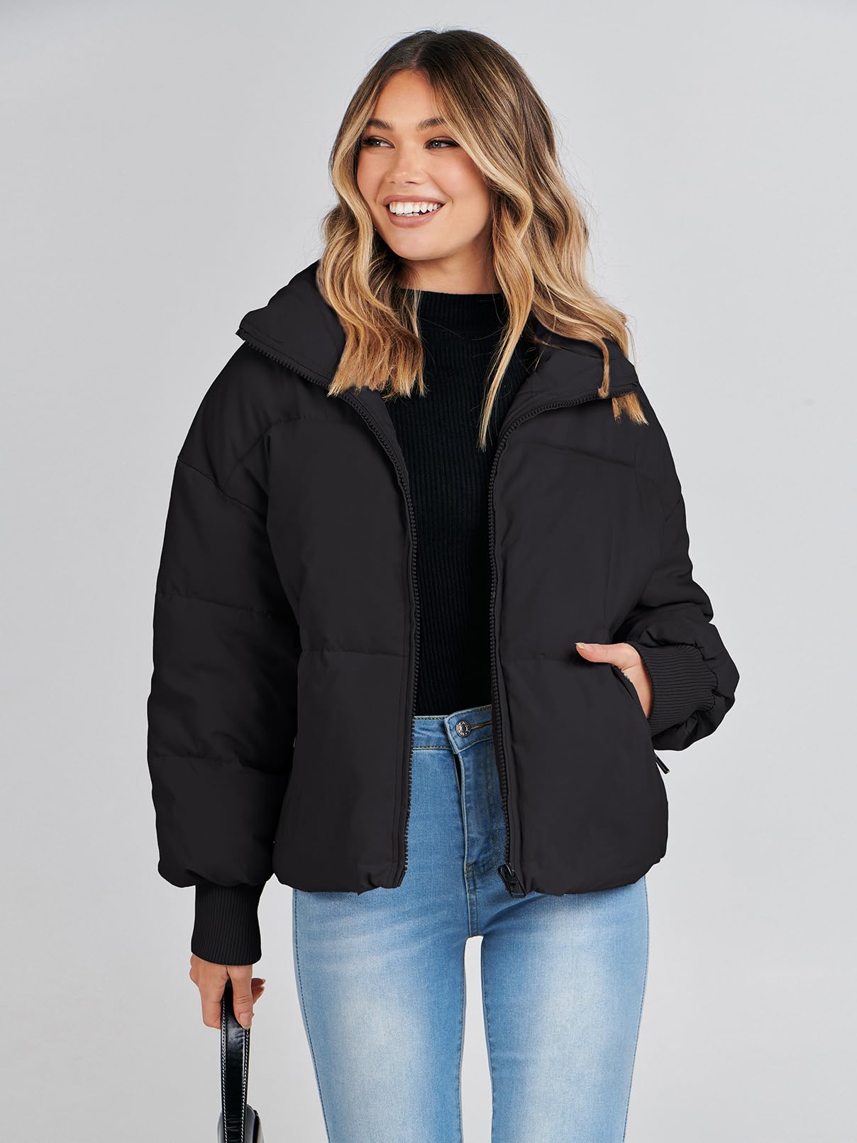 MEROKEETY Women's 2025 Winter Long Sleeve Zip Puffer Jacket Pockets Baggy Short Coats, Black, L