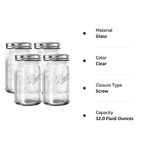 Mason Jars Wide Mouth 32 oz Bundle with Non Slip Jar Opener brand BHL Jars - Set of 4 Quart Size Mason Jars - Canning Glass Jars with Lids